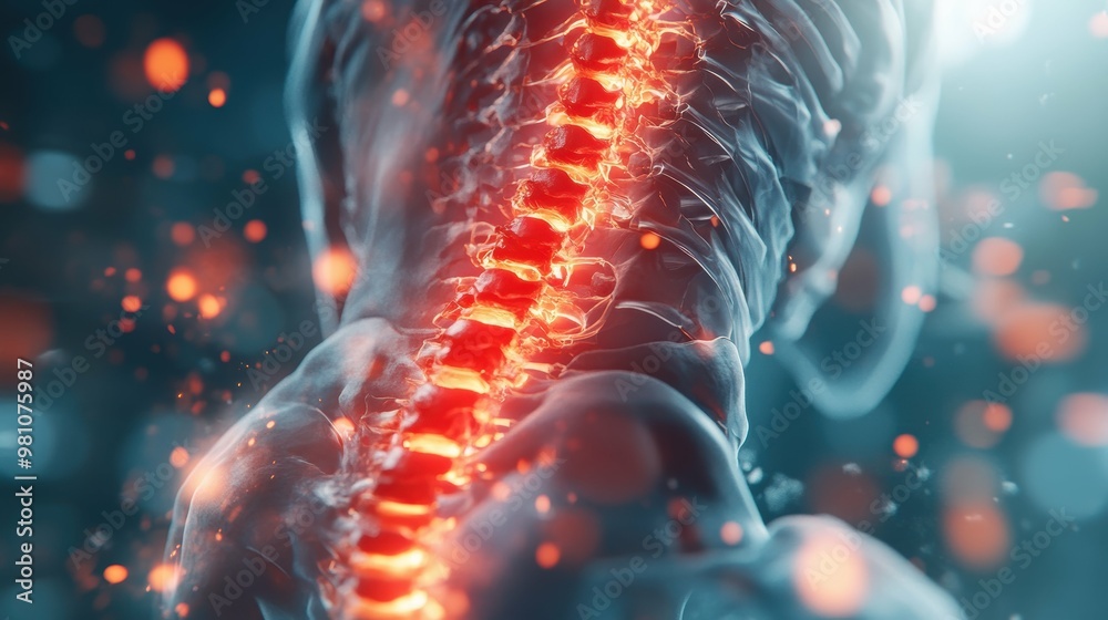 Widescreen 3D depiction of a lower back wracked with the debilitating ...