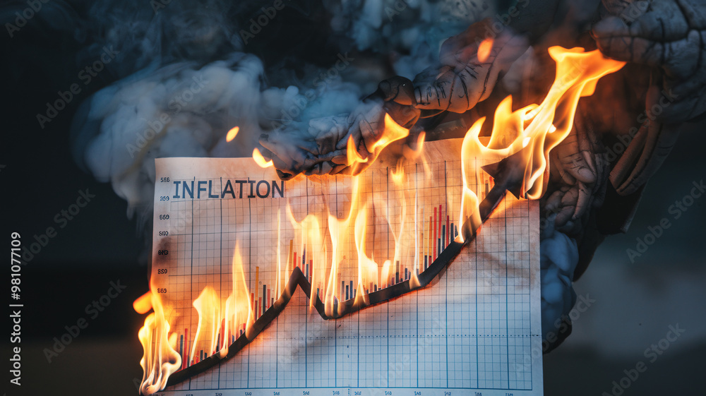 image depicts graph with steep upward trend labeled INFLATION, engulfed ...