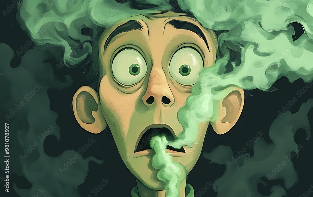 Colorful Cartoon Character Holding Breath with Green Fumes ...