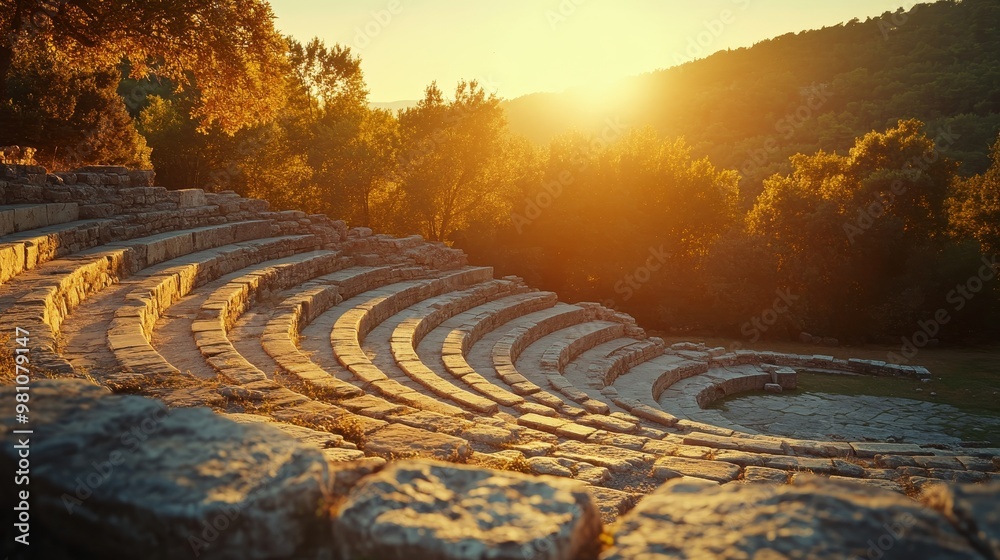 Majestic stone amphitheater, ancient Greek architecture, soft sunlight ...