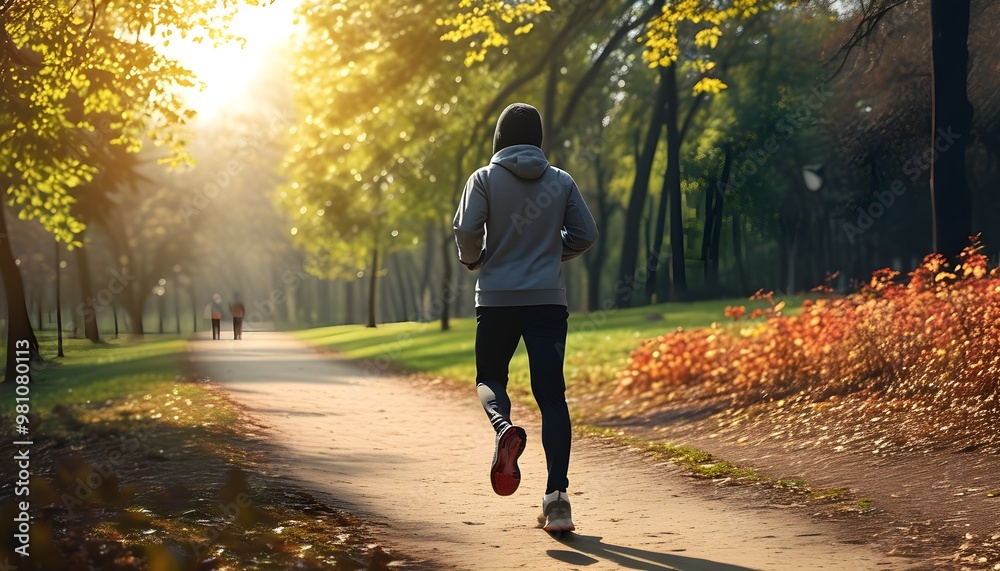 Foto de Motivational scene of a person jogging along a park path with a ...