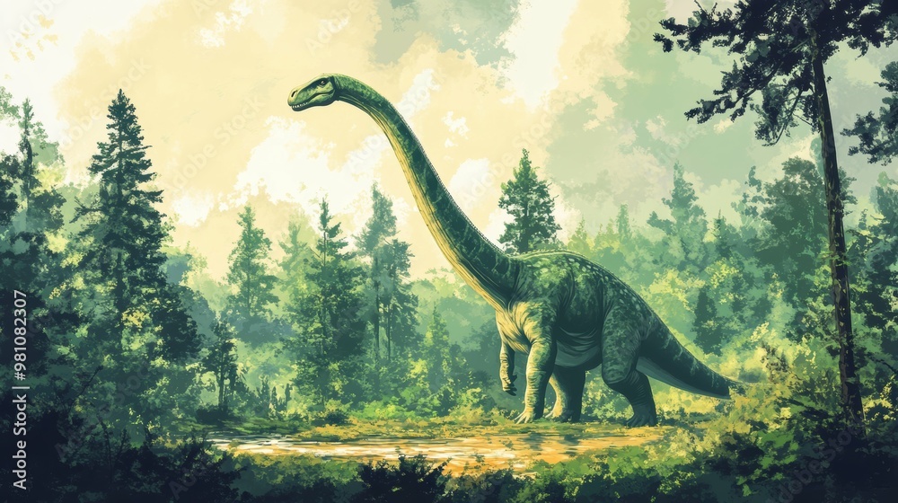 Panoramic illustration of a Brachiosaurus its long neck and gentle ...