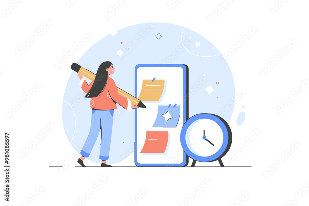 Time management. Character organizing schedule, planning calendar ...