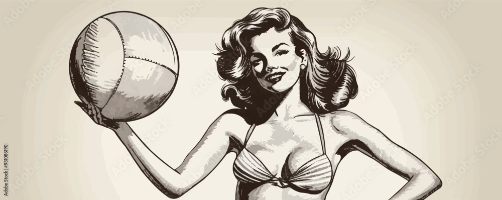 Fun pin-up beach babe in a retro bikini, posing with a beach ball, vector illustration, pin-up ...