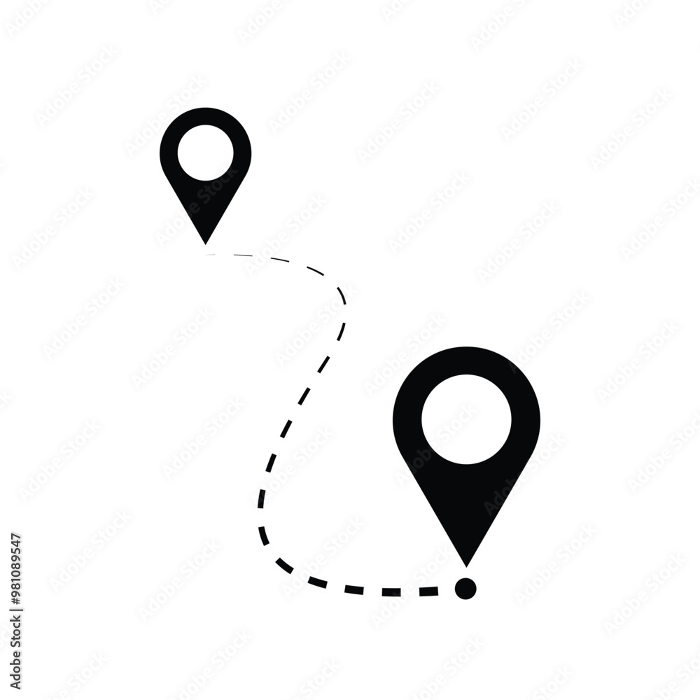 Route location icon, two map pin sign and road or path, start and end ...
