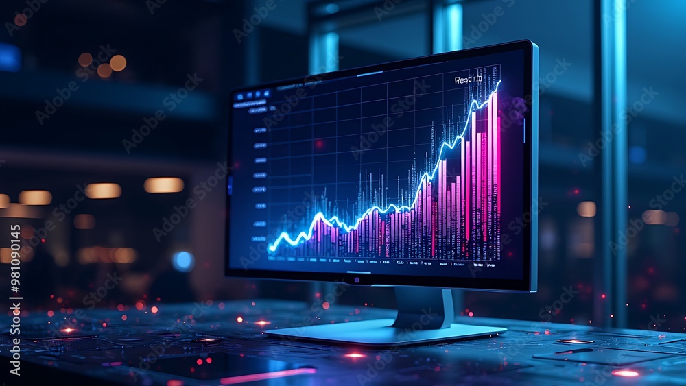A digital currency growth chart showing an upward trend in value. The ...