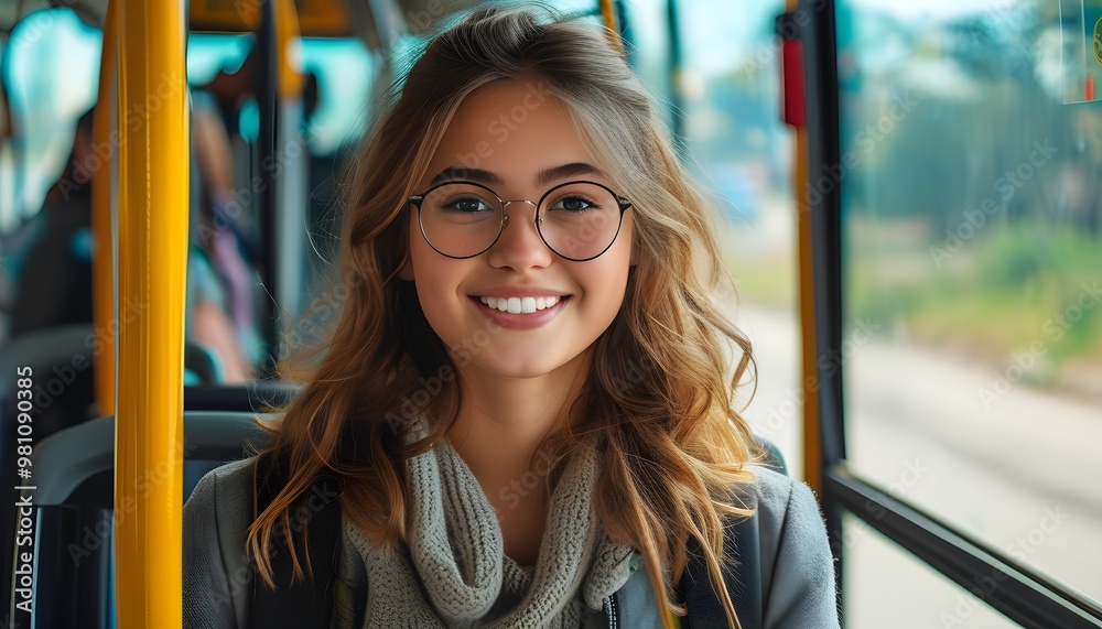 Joyful student embracing public transportation for a sustainable ...