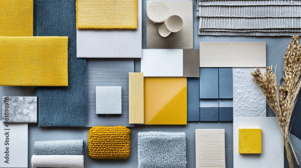 Modern flat lay composition in segueing, convivial yellow, delft ...