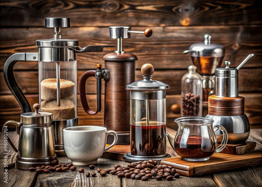 Assorted coffee making tools and equipment, including a French press ...