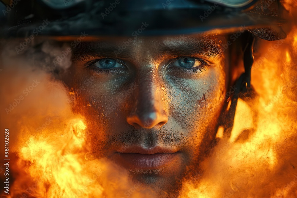 cinematic portrait of a firefighter emerging from smoke backlit by ...