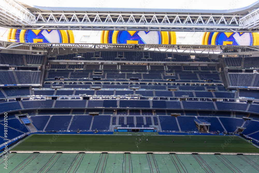 Interior view of the Santiago Bernabéu Stadium, showcasing the seating ...
