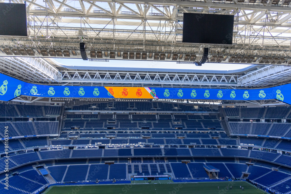Interior view of the Santiago Bernabéu Stadium, showcasing the seating ...