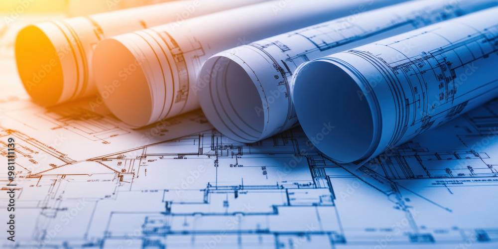 Blueprints and rolled plans are displayed on table, showcasing detailed ...