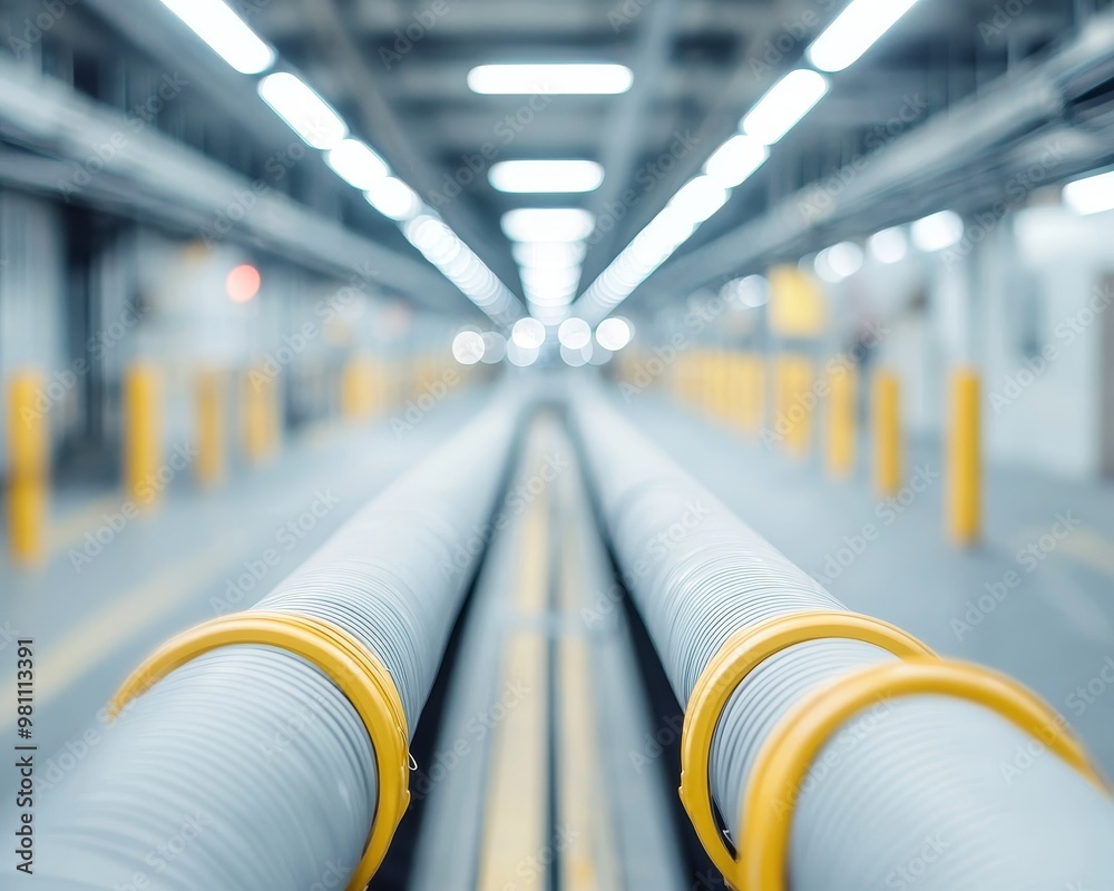 Two large industrial pipes run down a long corridor, with yellow ...