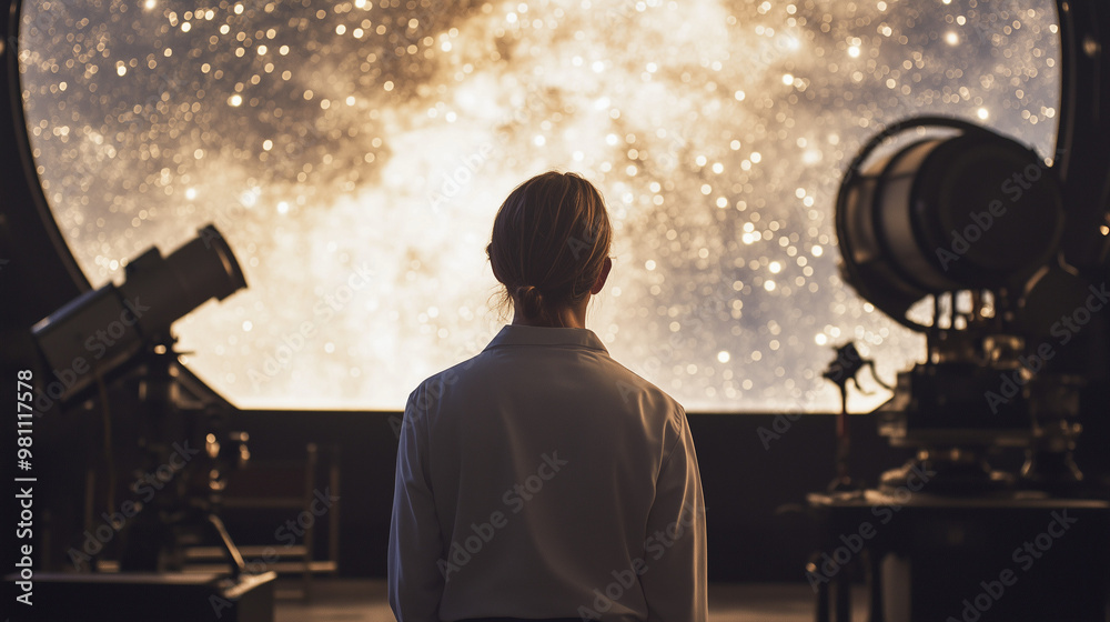 Female astronomer observing a star-filled projection in a dark ...