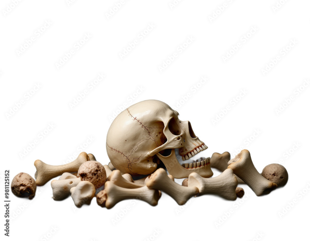 A hauntingly detailed image of a human skull resting atop a pile of ...