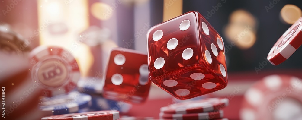 A winning roll of dice showing a perfect number, with chips and cash ...