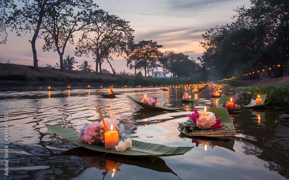 Candlelit banana leaf boats float on a river at sunset, creating a ...