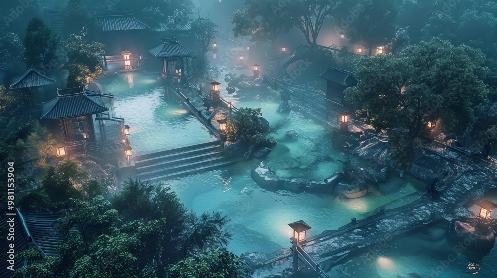 Japanese onsen nestled in nature, aerial view, sunrise, mist and ...