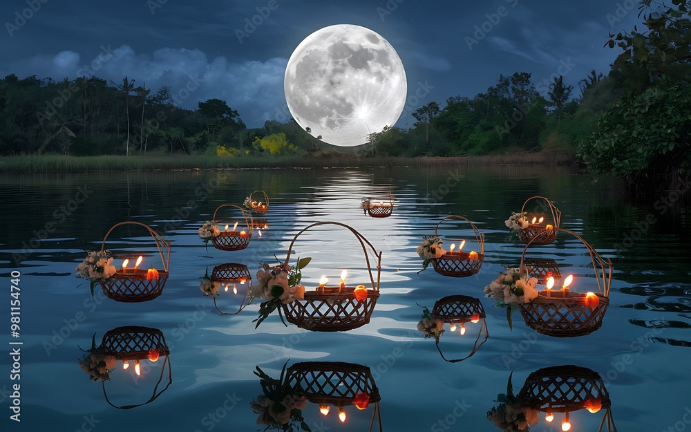 Illuminated floating baskets on a calm lake at night with a full moon ...