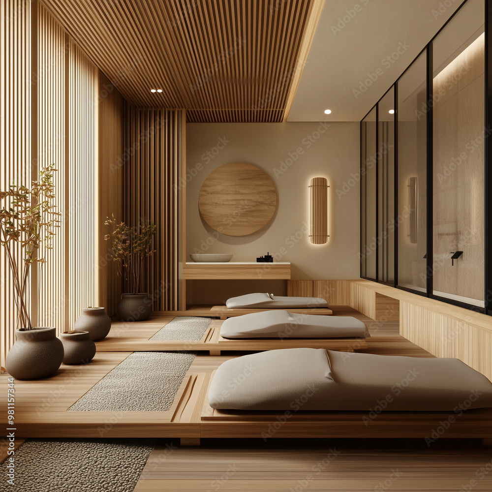 Modern Japandi spa design, combining natural materials like wood, stone ...