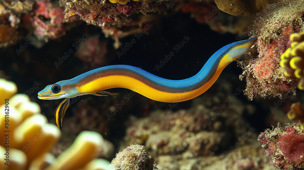 A ribbon eel extending its vibrant, ribbon-like body from a coral ...