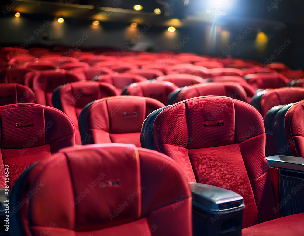 Red cinema chairs generative AI – Rows of red cinema chairs in a ...