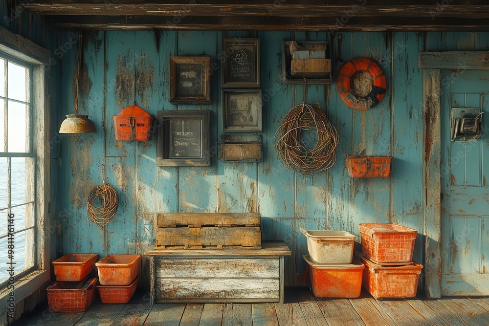 rustic coastal scene showcasing a weathered lobster shack with stacked ...