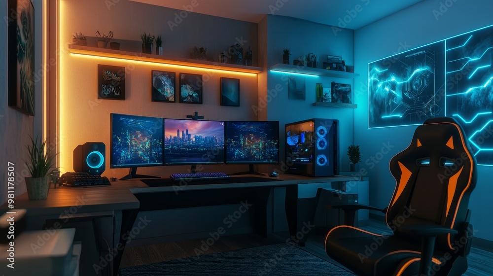 Dual-monitor gaming station in a clean, organized room with ambient LED ...