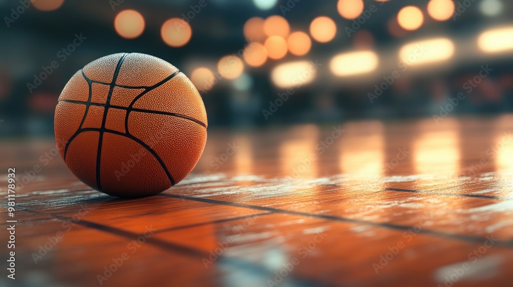 A close-up of a basketball resting on a clean, polished hardwood court ...