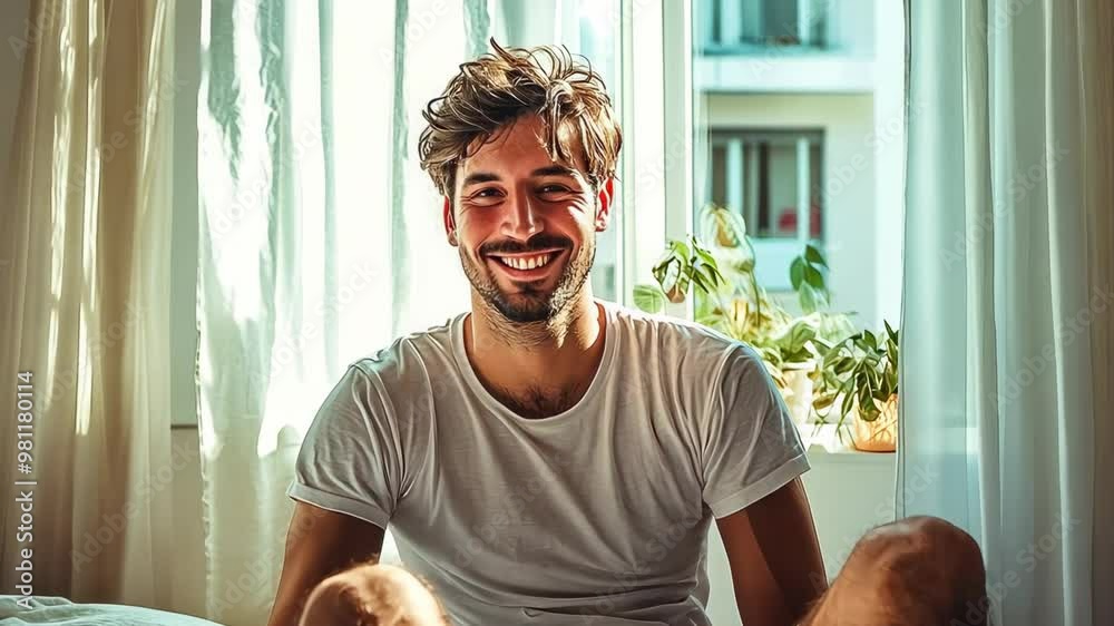 A young Caucasian man with light-colored hair sits on a bed smiling ...
