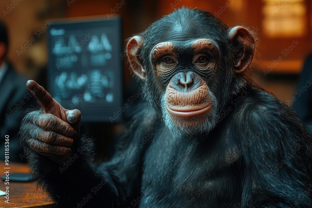 sophisticated chimpanzee ceo presiding over boardroom meeting gesturing ...