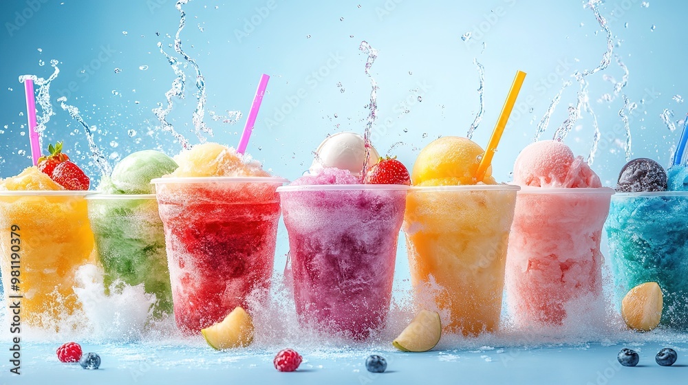Panoramic still life of ice cream slush frozen colorful frozen fruit ...