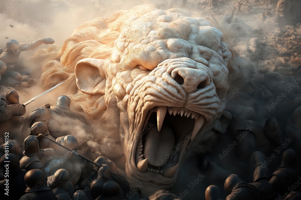 A dramatic scene of a giant roaring lion surrounded by armored soldiers ...