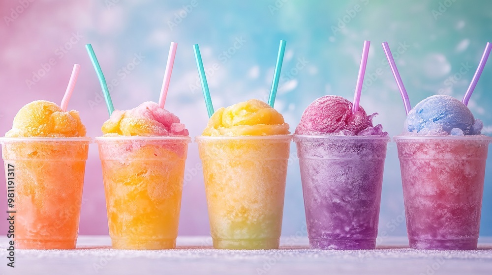 Panoramic still life of ice cream slush frozen colorful frozen fruit ...