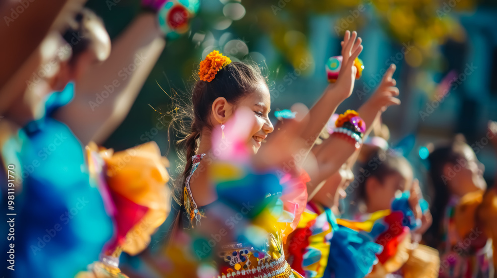 Joyful young girls perform traditional dances in vibrant costumes ...