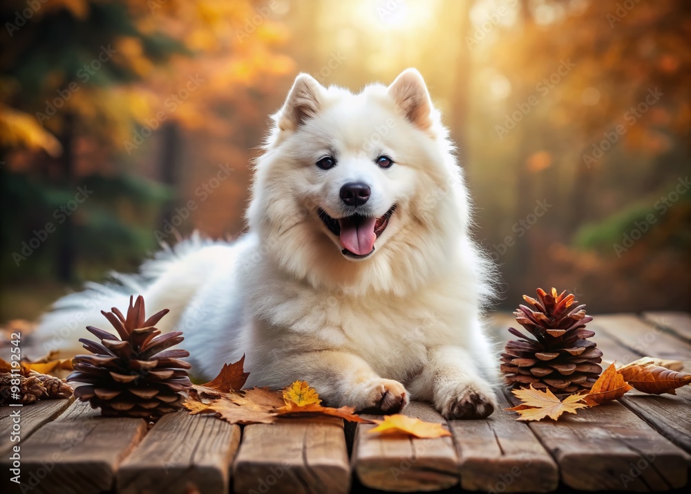 Fluffy white Samoyed dog with a smiling face and curled tail lies on a ...