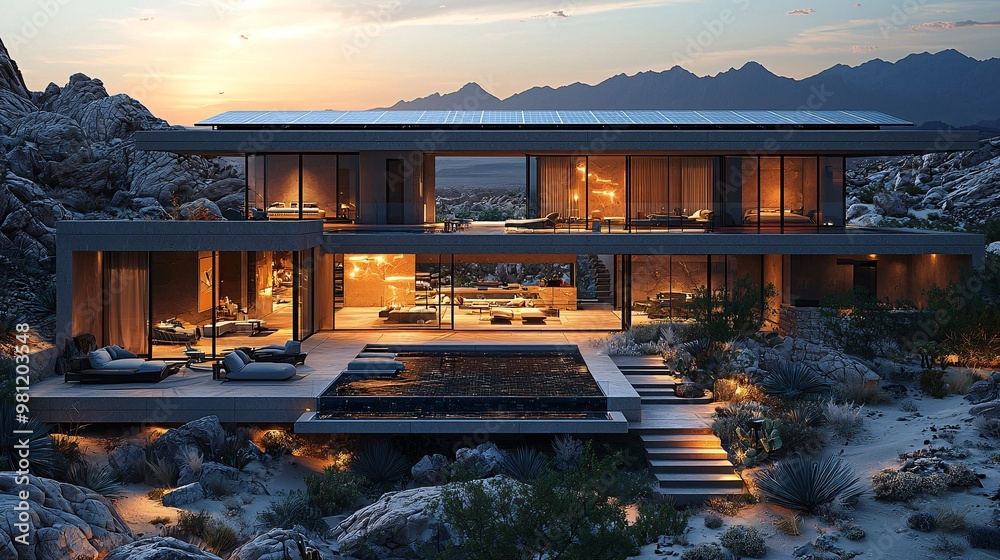 Design a luxury desert villa with expansive solar panels and a ...