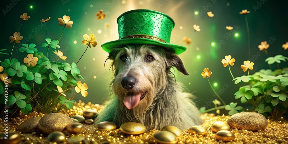 Vibrant green Irish elf hat adorns majestic Irish wolfhound amidst ...