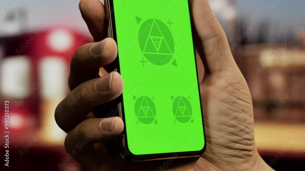 Caucasian White middle aged male using smartphone with a blank green ...