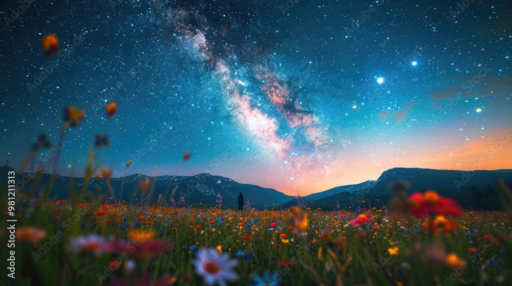 Stunning night sky above a vibrant flower field with the Milky Way ...