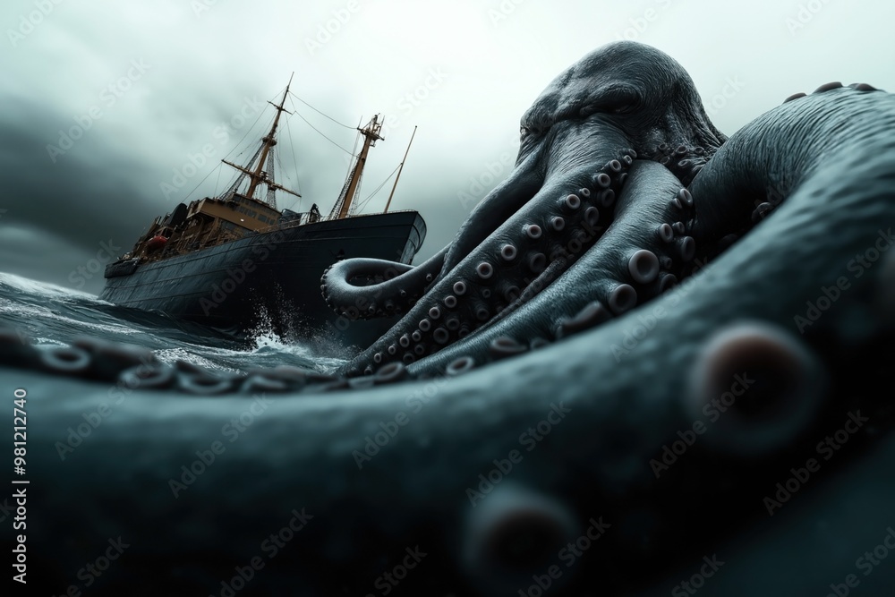 Dramatic scene depicting the mythological creature Kraken, an enormous sea monster, tentacles ...