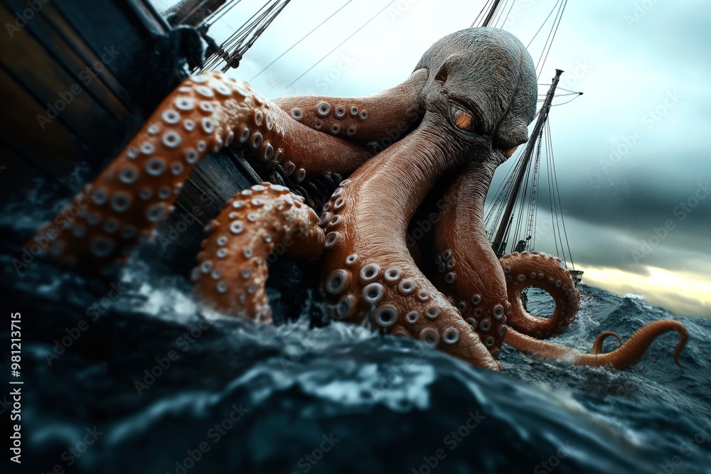 A dramatic depiction of the Kraken, a legendary sea monster, attacking ...
