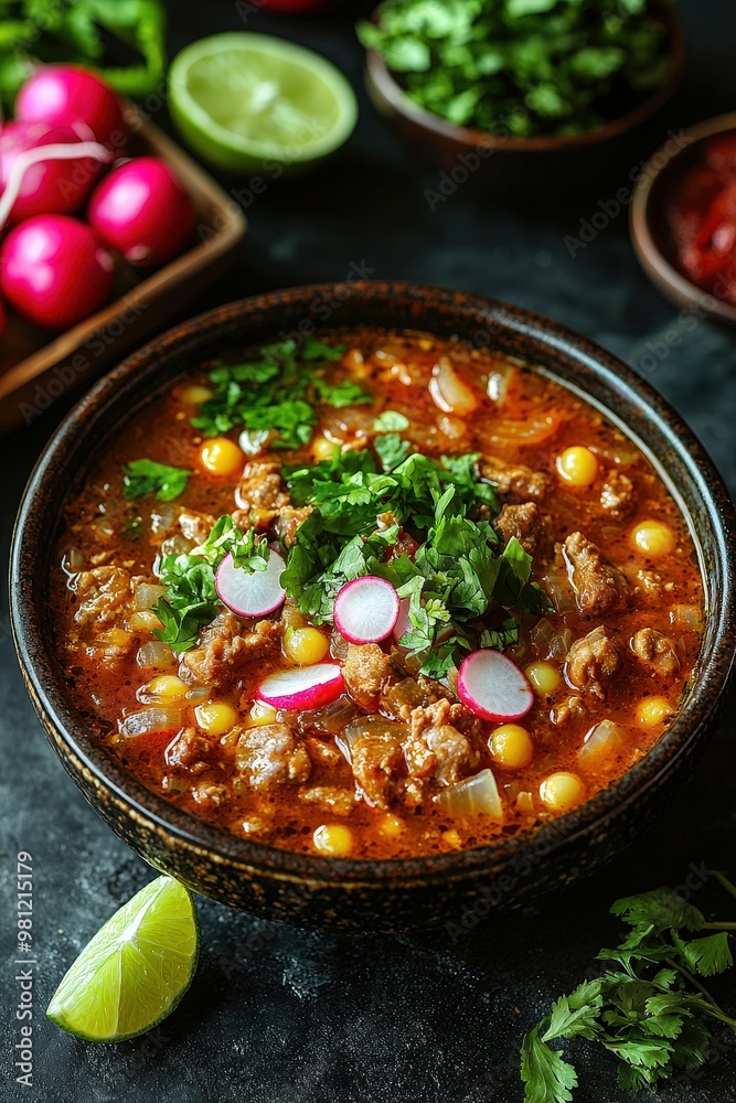 Pozole - A traditional soup made with hominy and pork, served with ...