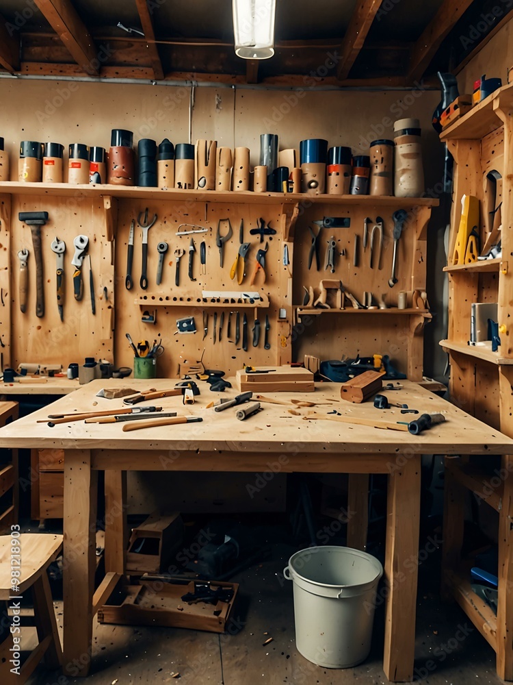 Busy workshop with custom wood furniture projects in various stages and ...
