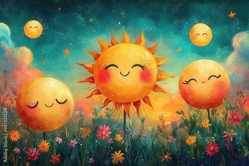 whimsical sun icons with playful expressions varied sizes and vibrant ...