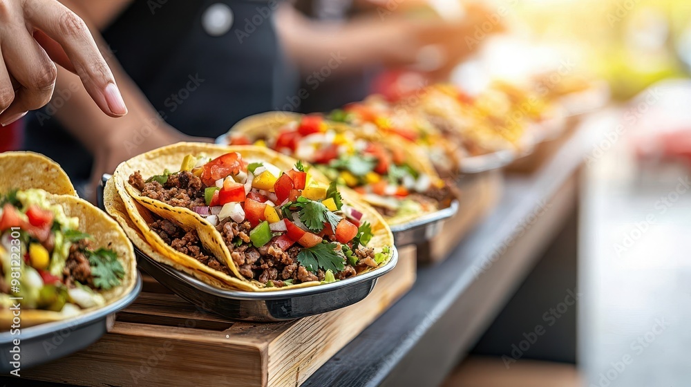Colorful taco truck at a food festival, packed with customers enjoying ...