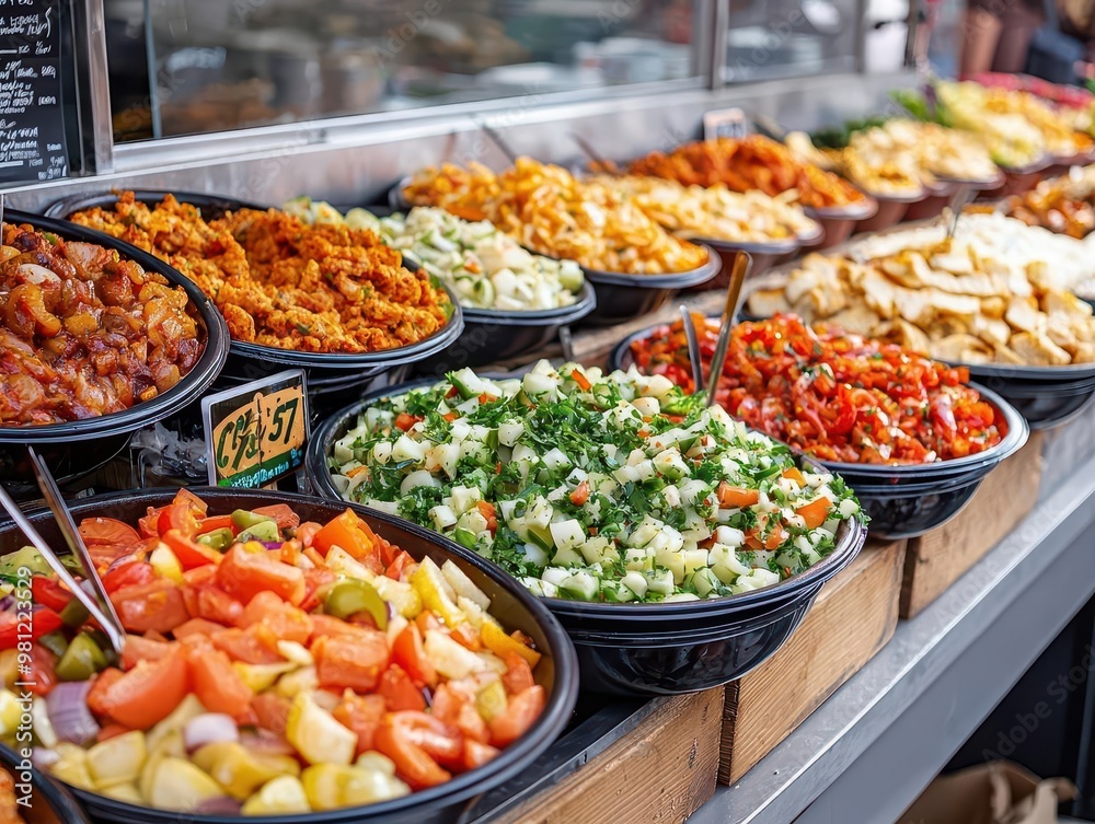 Busy food court with vibrant street food stalls, diverse dishes and ...