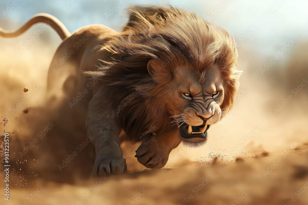 Powerful image of a fierce lion in mid-charge, capturing its intense ...