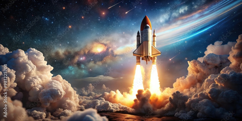 Space rocket successfully taking off into the starry sky for a space mission, rocket, launch ...